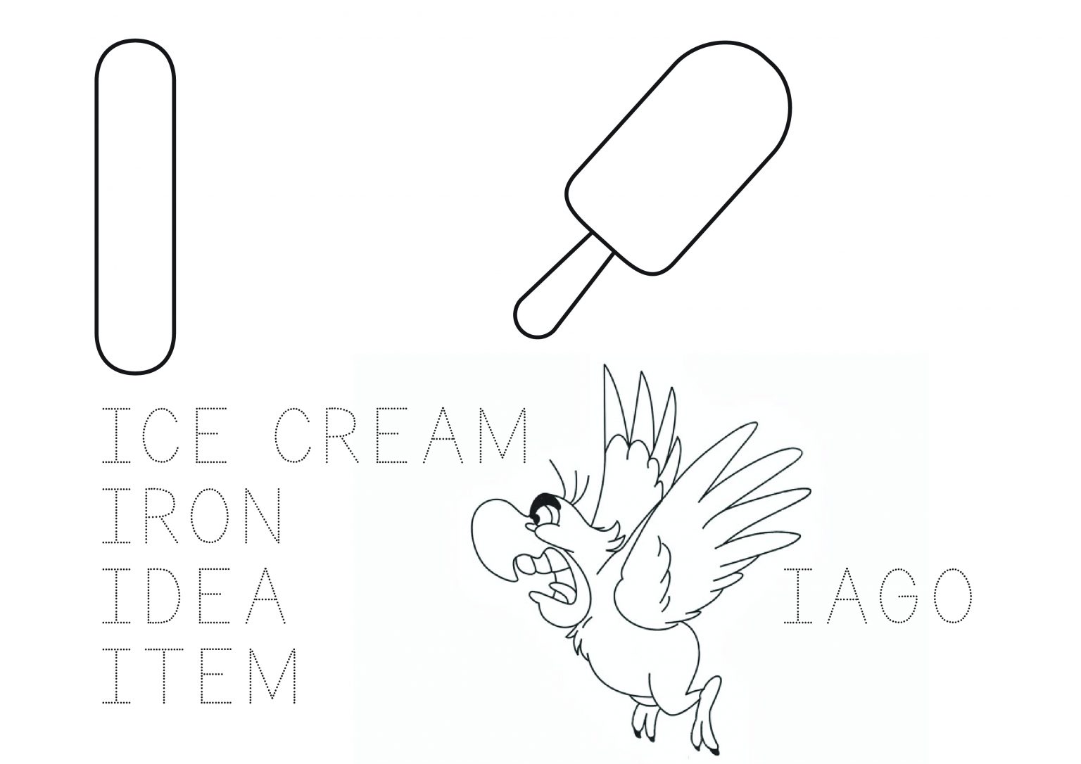 Learn the Alphabet Coloring Page - Letter I - with Iago, from Aladdin ...